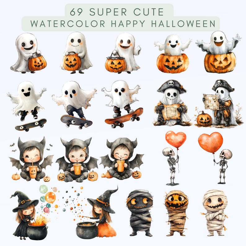 Watercolor Halloween Clipart Bundle, 100 PNG Files, Spooky Cute ...