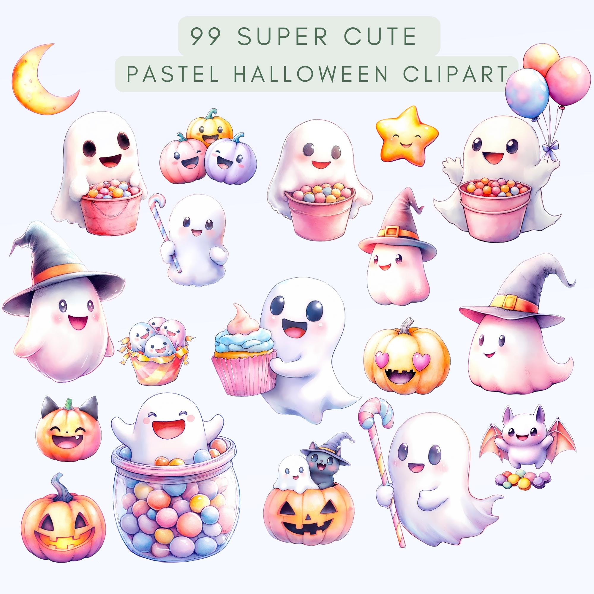 Watercolor Cute Halloween Clipart, Cute Pastel Halloween Clipart, Pink ...