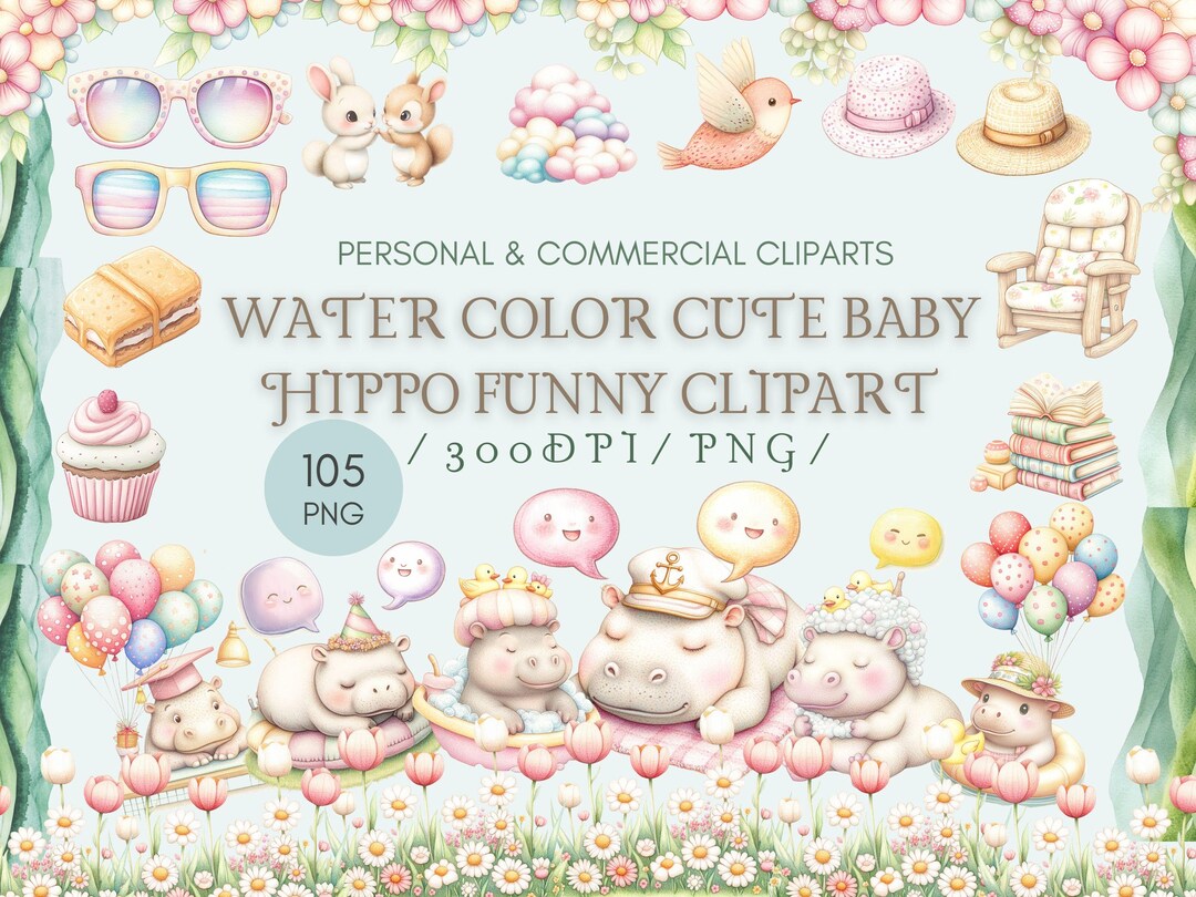 Watercolor Cute Baby Hippo Clipart Bundle, Funny Hippo PNG Clipart ...