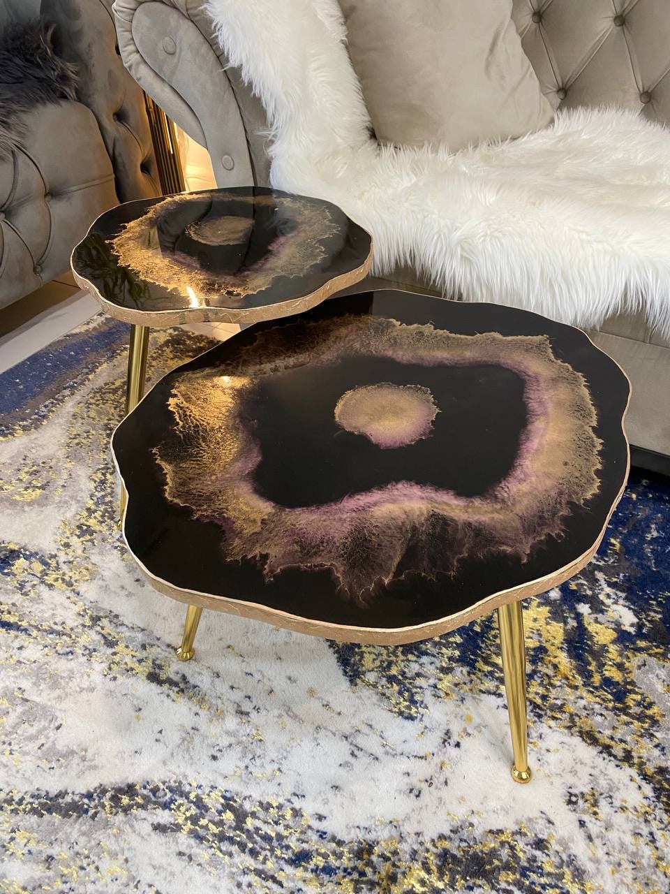 Nesting Gold Black Coffee Table Set Agate Art Epoxy Side/coffee Geode ...