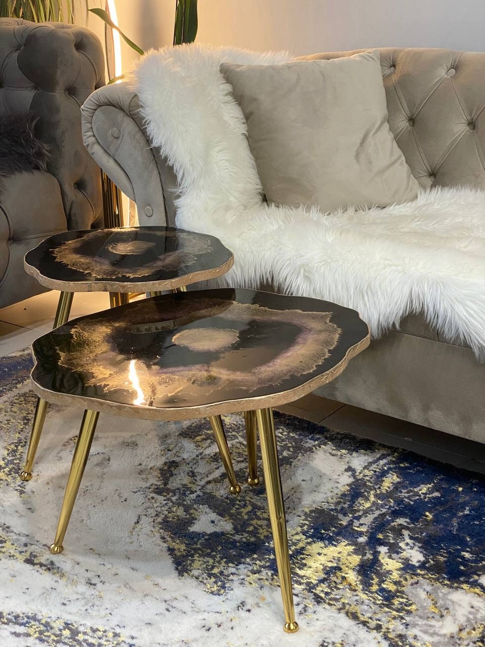 Nesting Gold Black Coffee Table Set Agate Art Epoxy Side/coffee Geode ...