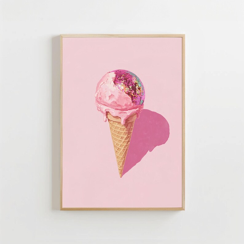 Whimsical Disco Ball Ice Cream Cone Art Print Fun Pink Pop Art ...