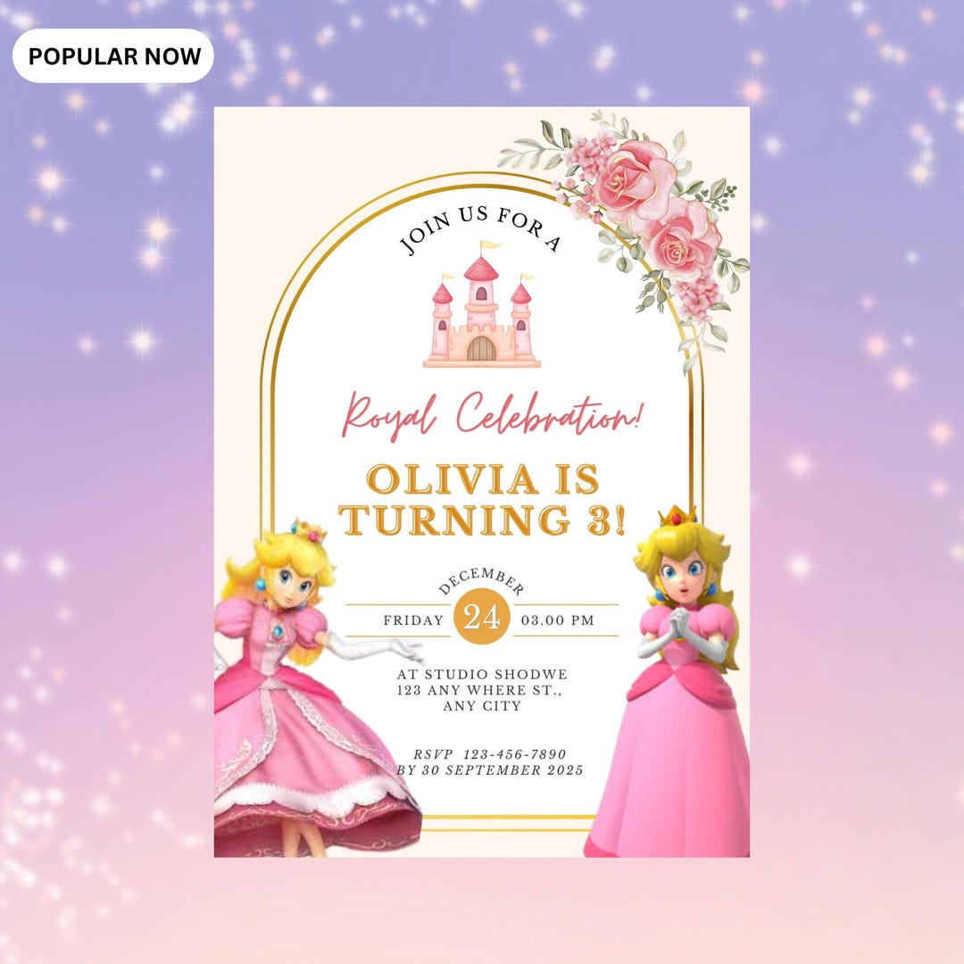 Editable Princess Peach Birthday Invitation, Royal Princess Peach Party ...