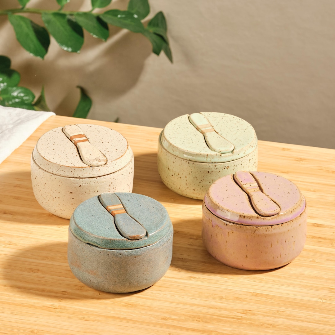 Ceramic Butter Keeper Handmade Rustic Butter Crock With Knife Speckled ...