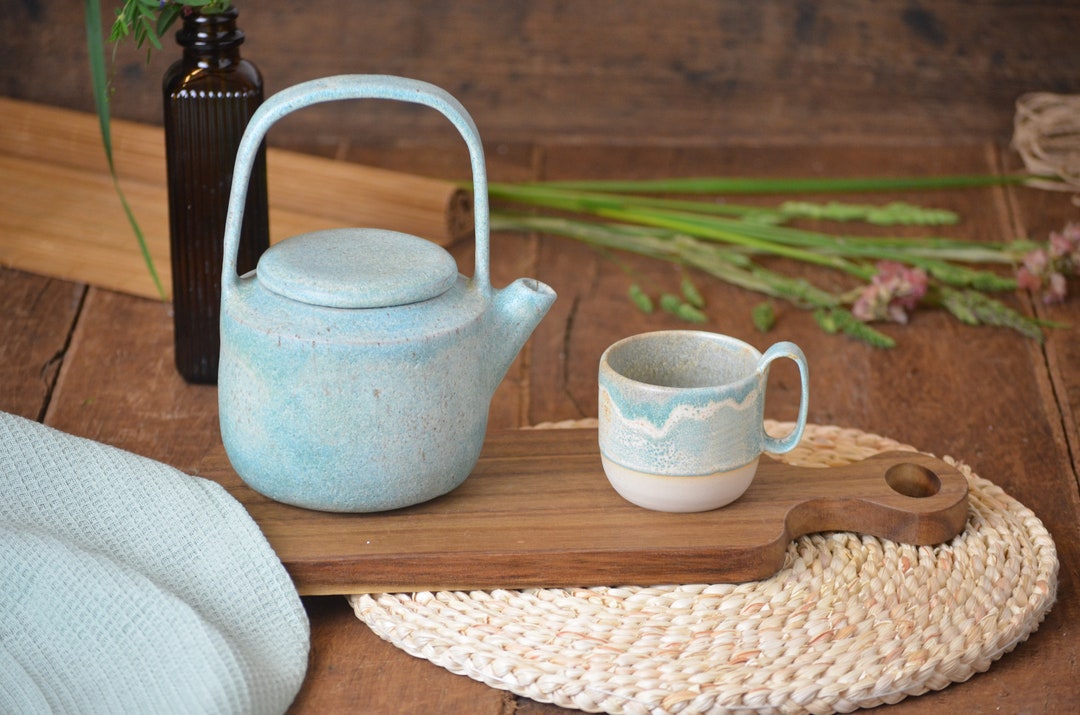 Rustic Light Blue Teapot Set With Cups, Handmade Minimalist Organic Tea ...