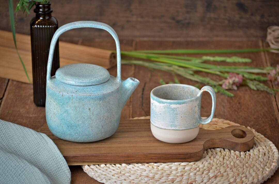 Handmade Rustic Blue Teapot Set With Mugs, Mother's Day Gift ...