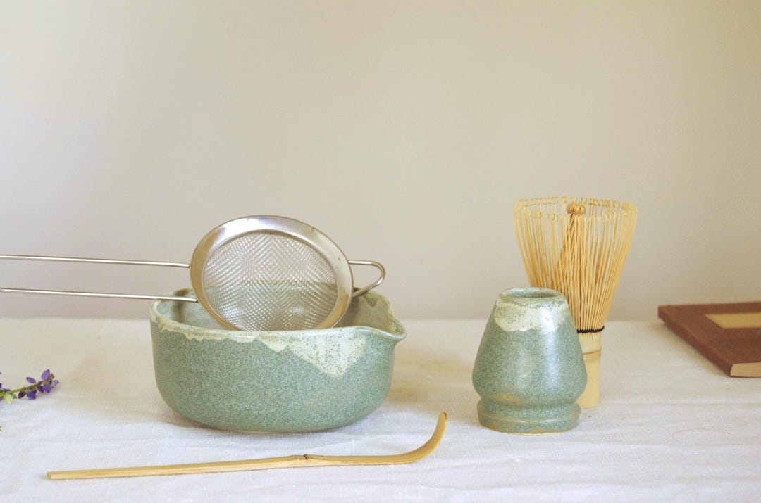 Ceramic Matcha Set With Footed Bowl With Spout and Whisk Holder ...