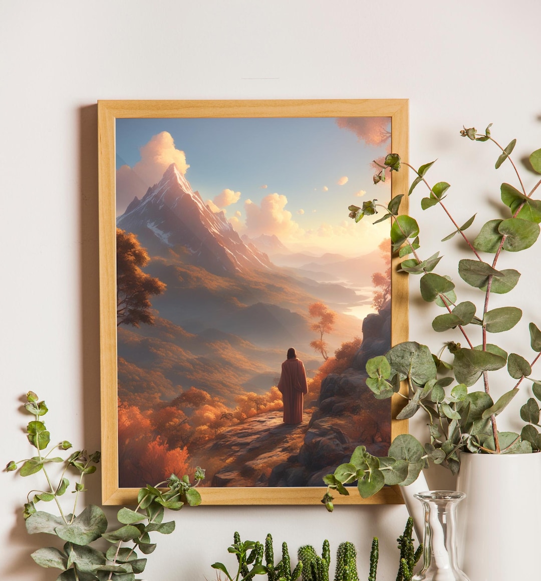 Jesus Walking Along a Trail With Majestic Mountain Digital Print ...