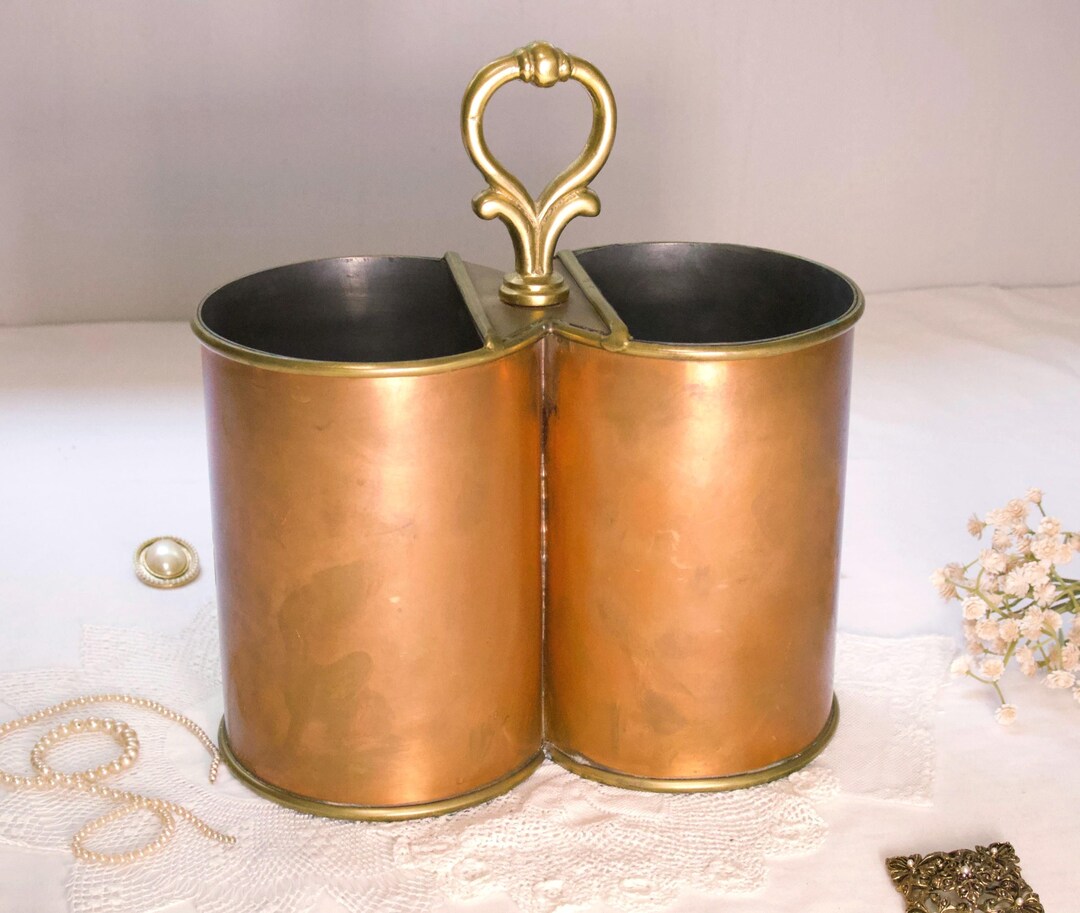 Vintage Copper Caddy | Vintage Copper Utensil Holder W/ Brass Handle ...