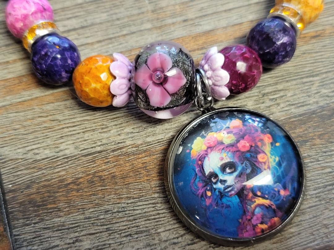Halloween Zombie Girl Artisan Lampwork and Agate Gemstone Beaded ...