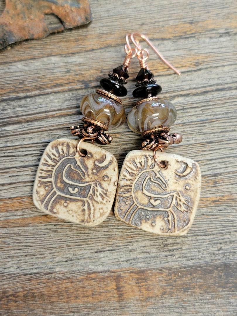 Ceramic Rustic Stoneware Horse Charm Beaded Earrings-artisan Pony ...