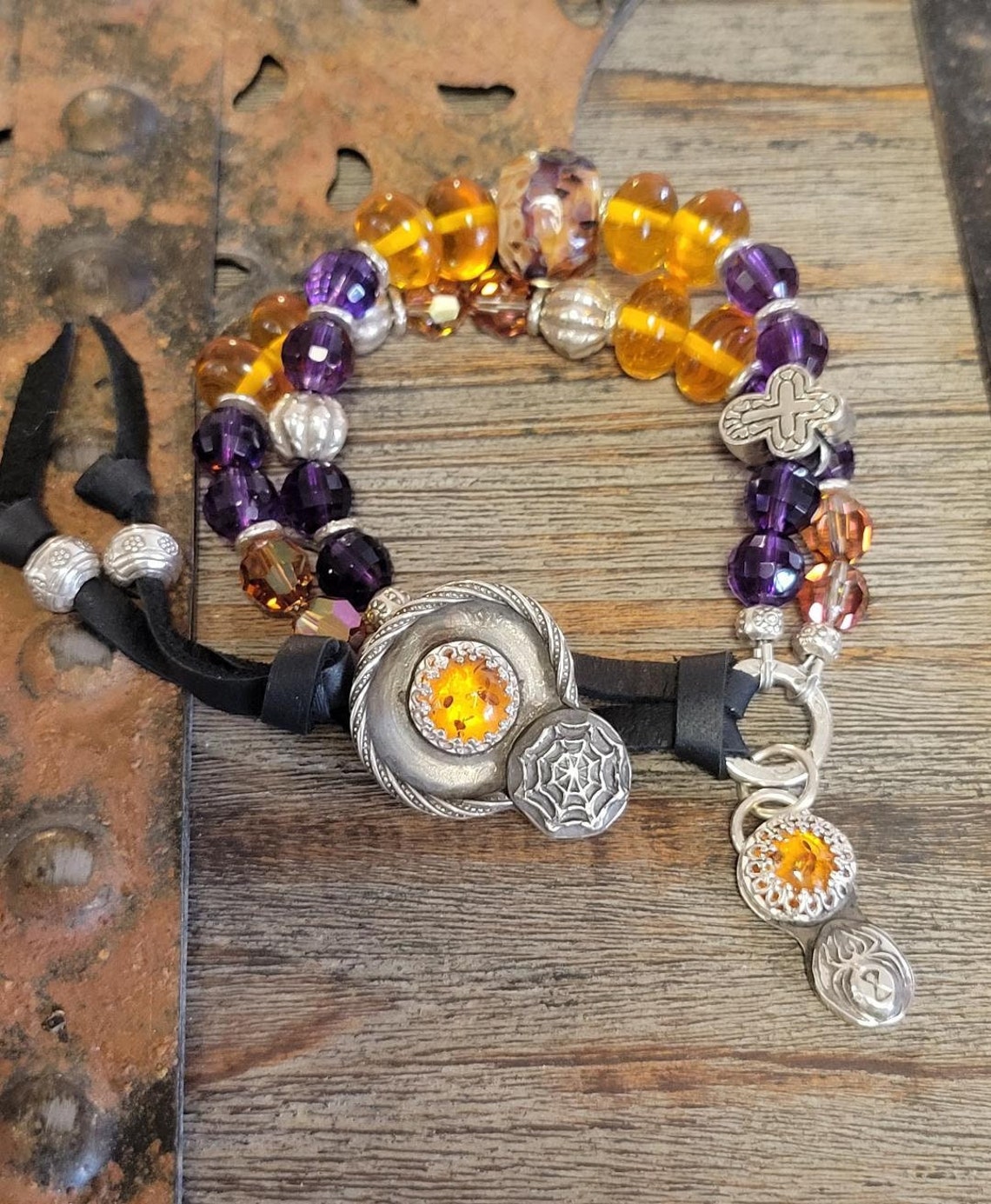Gemstone Amythest and Sterling Silver Bracelet-spiderweb Button and ...
