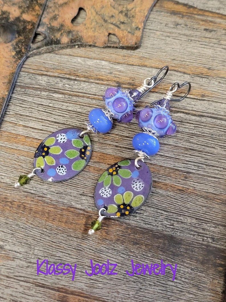 Enamel Floral Charms-glass Raised Dot Lampwork Bead Earrings-artisan Lampwork Beads-artisan ...