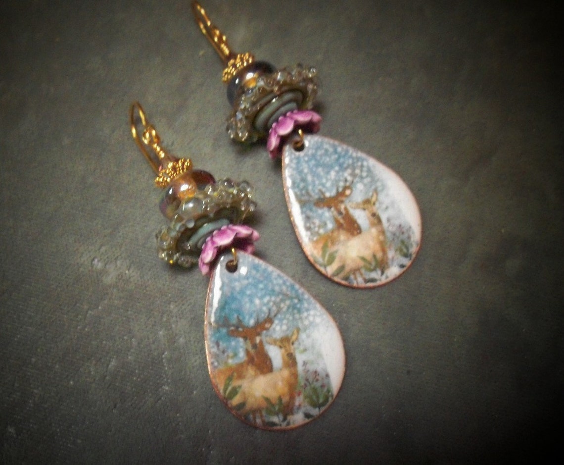 Enameled Christmas Deer Charms-glass Lampwork Deer Earrings-artisan ...