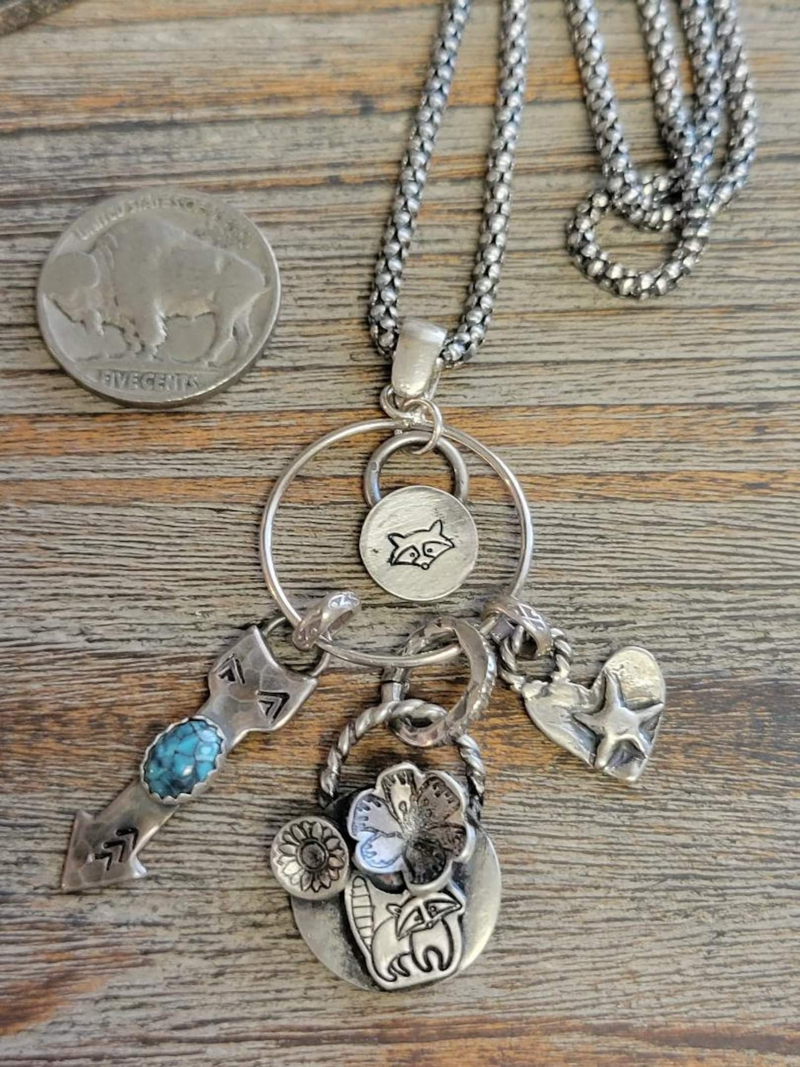 Gemstone Sterling Silver Charm Necklace-metalsmith Artian Raccoon Charm ...