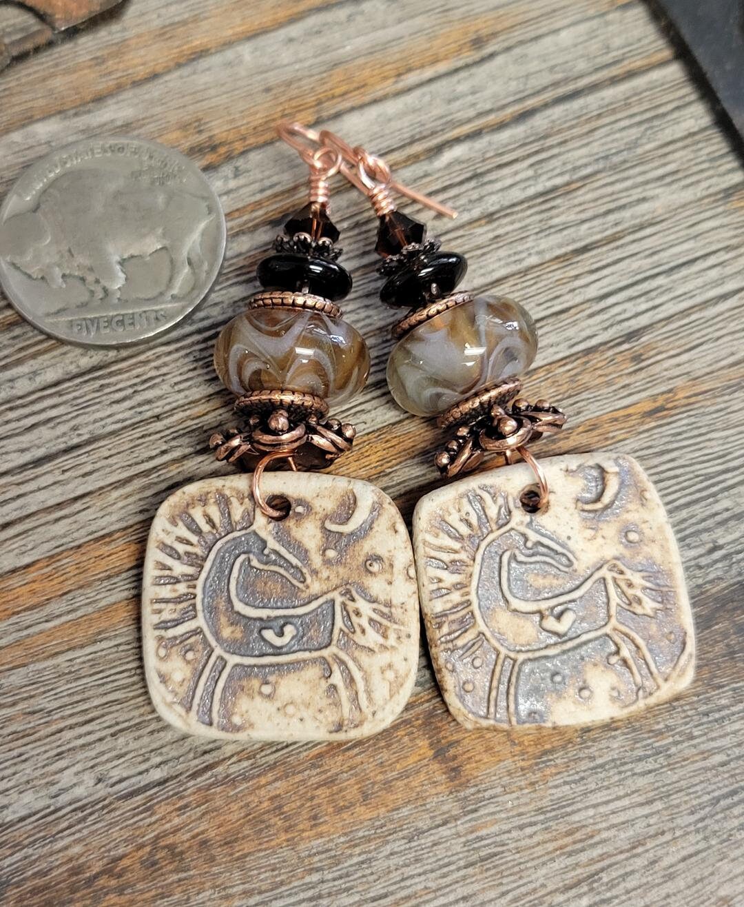Ceramic Rustic Stoneware Horse Charm Beaded Earrings-artisan Pony ...