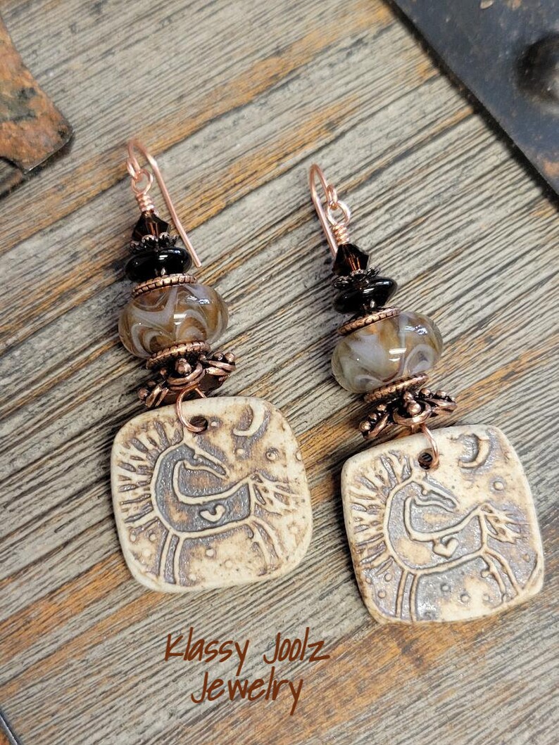 Ceramic Rustic Stoneware Horse Charm Beaded Earrings-artisan Pony ...
