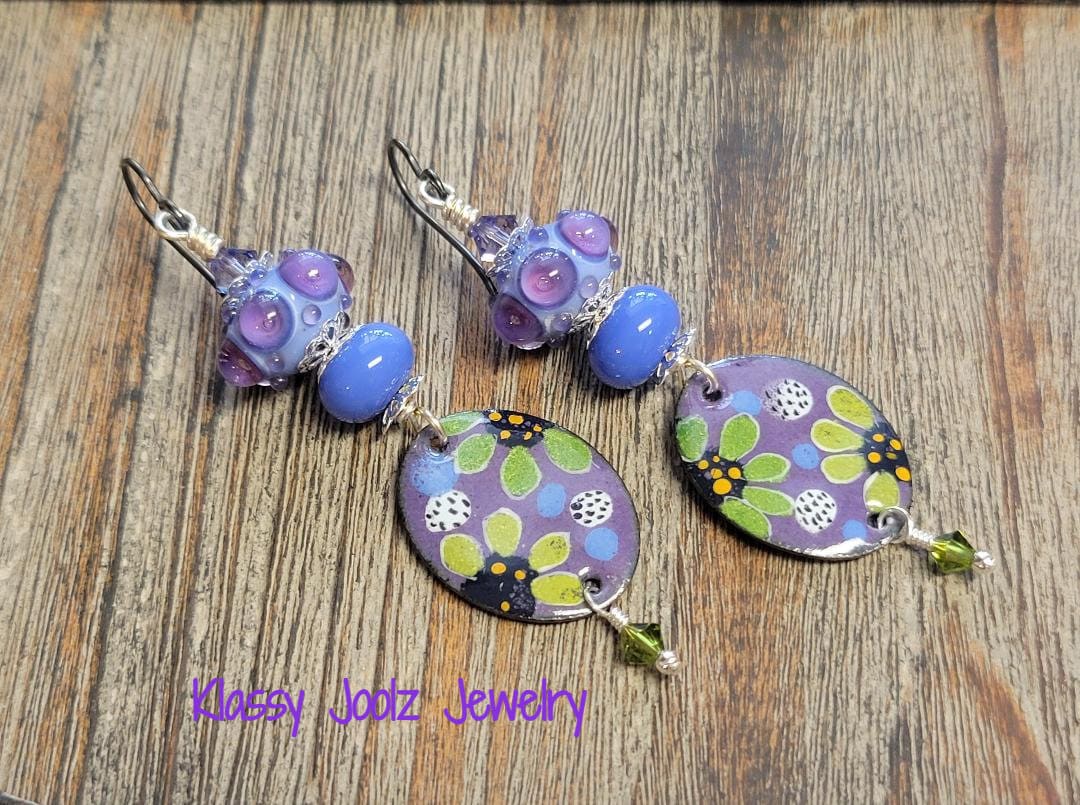 Enamel Floral Charms-glass Raised Dot Lampwork Bead Earrings-artisan Lampwork Beads-artisan ...