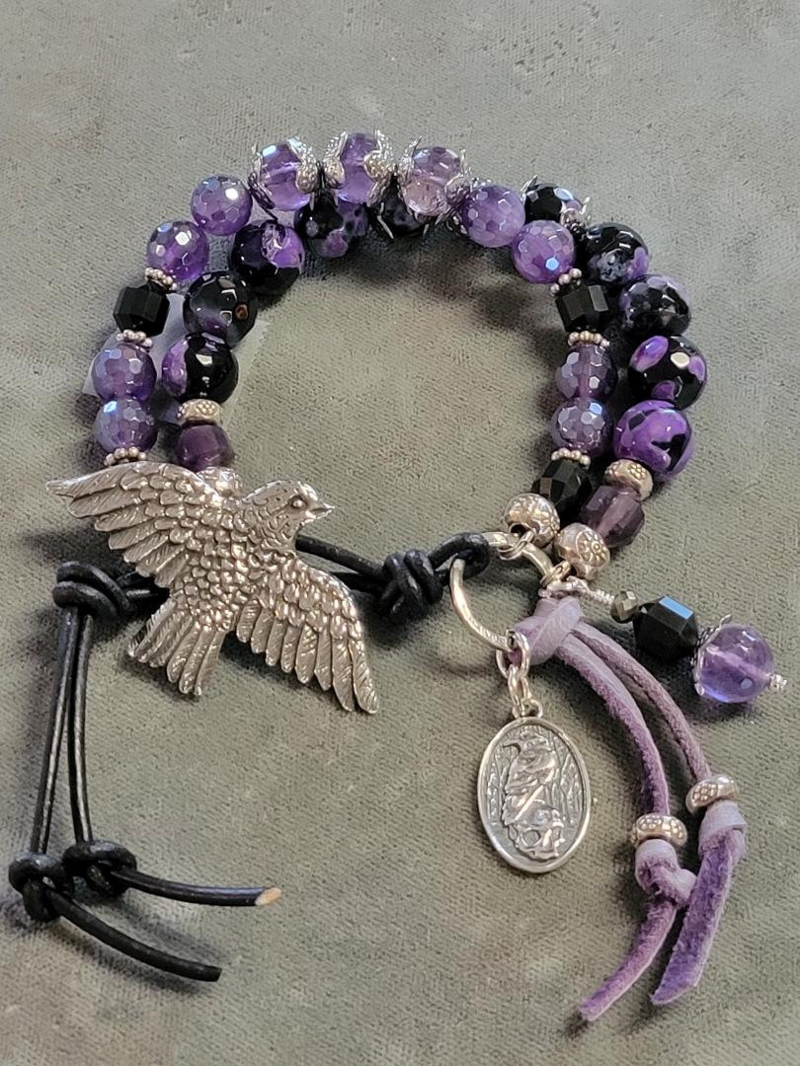 Gemstone Sterling Silver Bracelet-pewter Button-gemstone Boho - Etsy