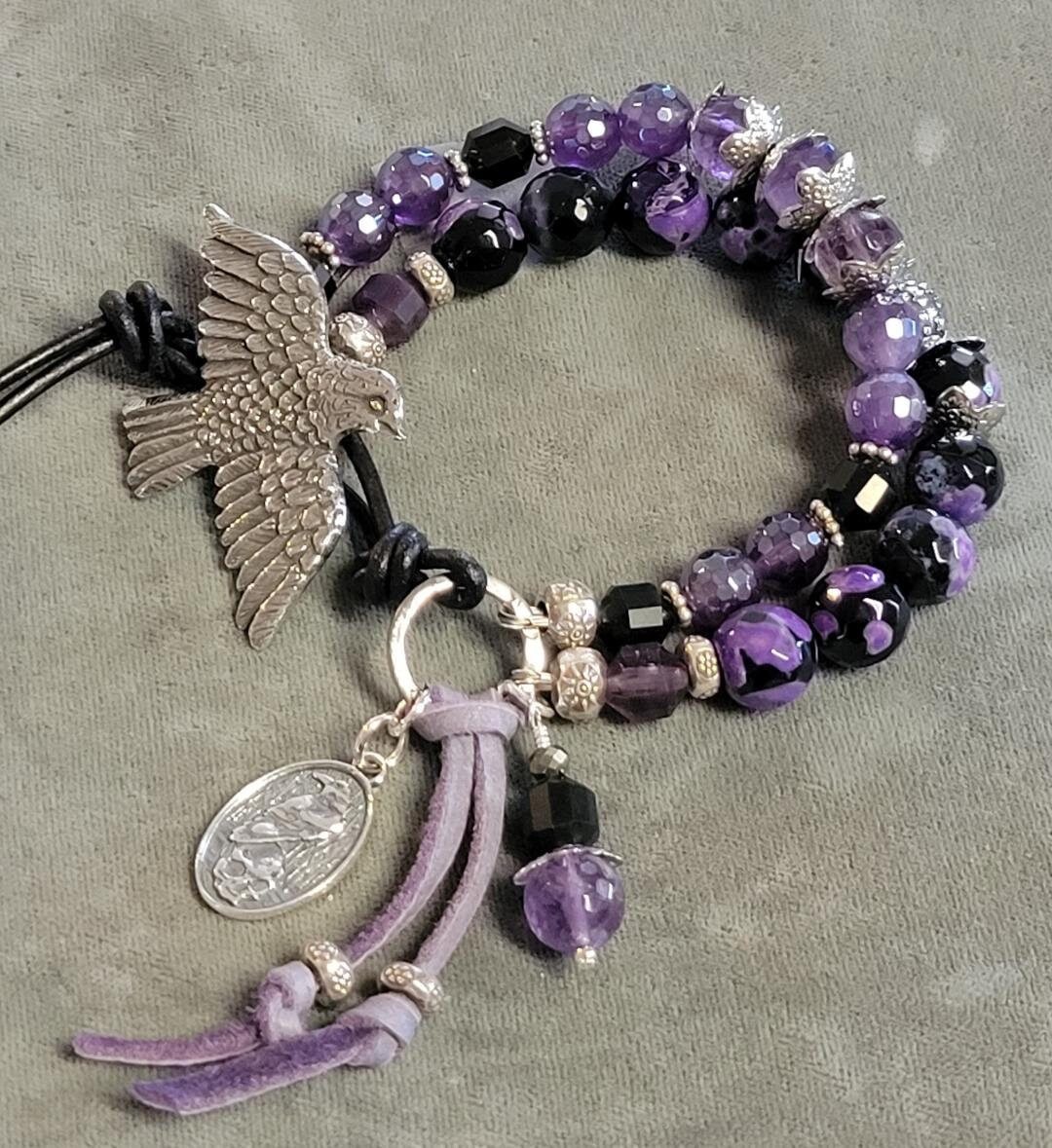 Gemstone Sterling Silver Bracelet-pewter Button-gemstone Boho - Etsy