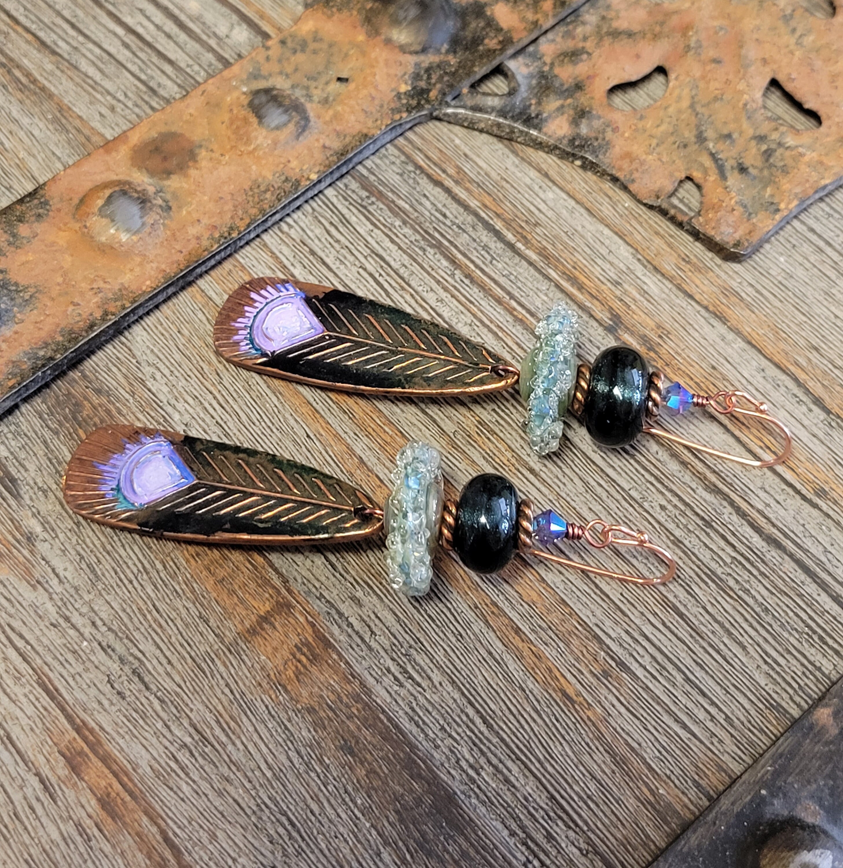 Copper PMC Peacock Feather Charms and Glass Lampwork Earrings-artisan ...
