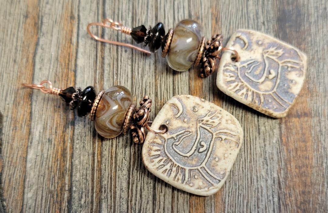 Ceramic Rustic Stoneware Horse Charm Beaded Earrings-artisan Pony ...