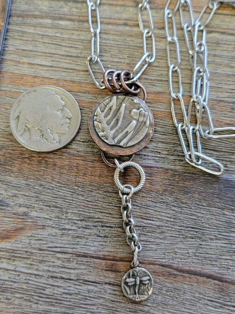 Sterling Silver and Copper Necklace-handmade Copper Pendant-sterling Dragonfly Necklace-boho ...