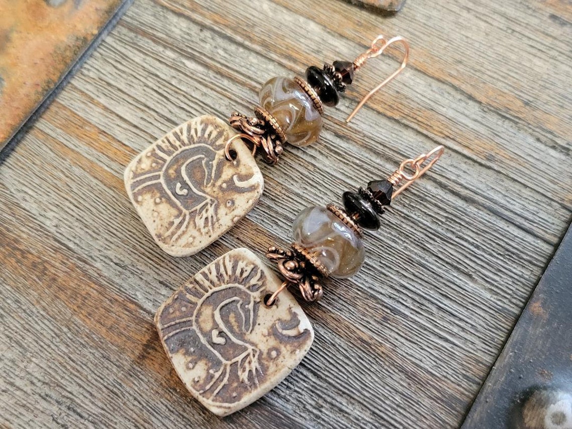 Ceramic Rustic Stoneware Horse Charm Beaded Earrings-artisan Pony ...