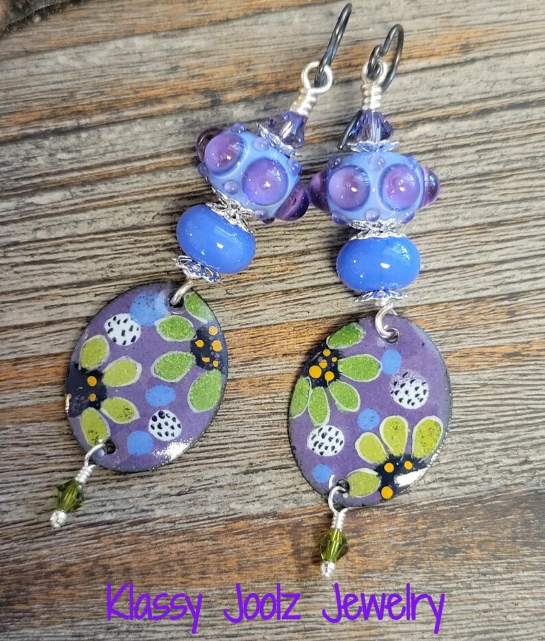 Enamel Floral Charms-glass Raised Dot Lampwork Bead Earrings-artisan Lampwork Beads-artisan ...