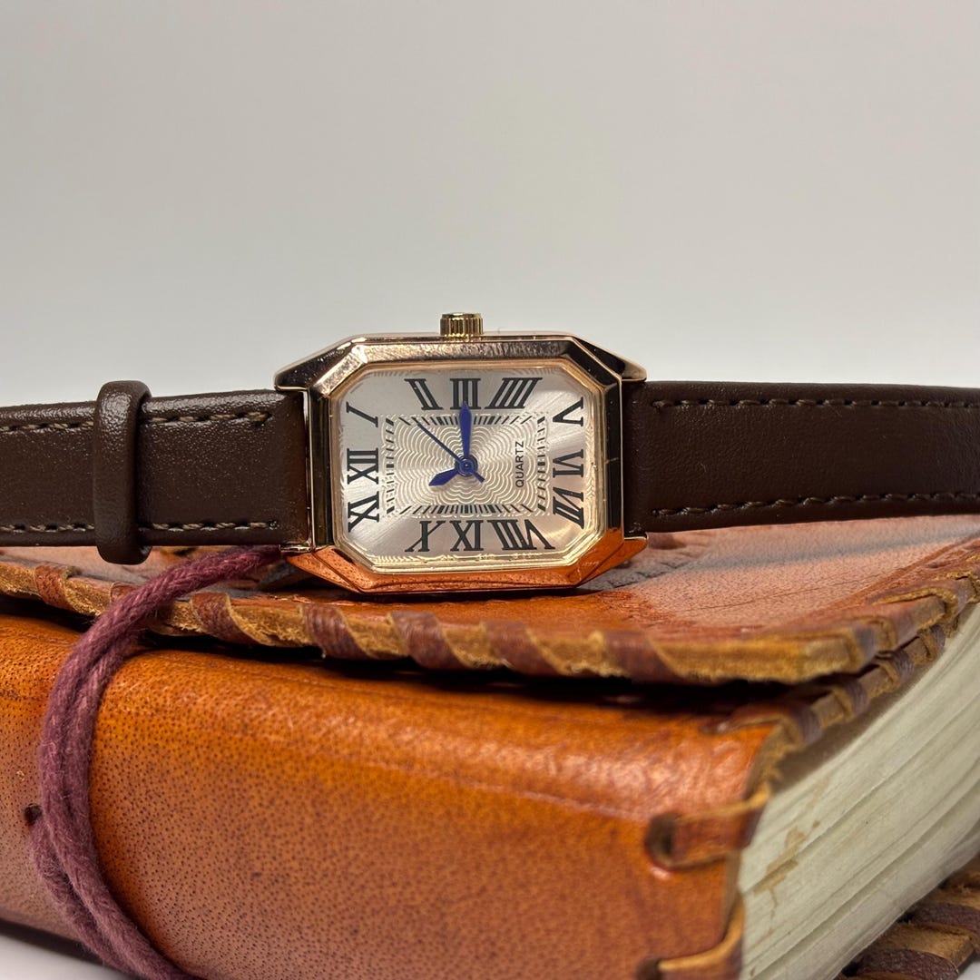 Vintage Women’s Watch,brown Leather Strap, Gold Octagon Case, Roman ...