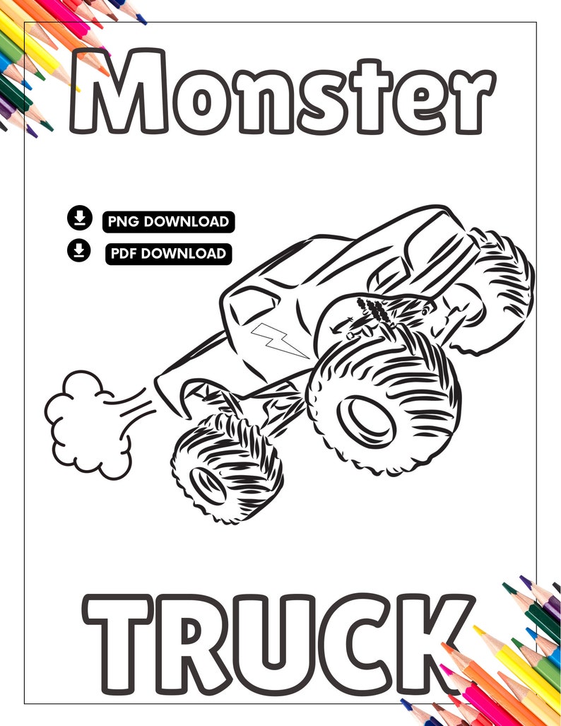 Monster Truck Coloring Page - Birthday Party Activity, Party Favor ...