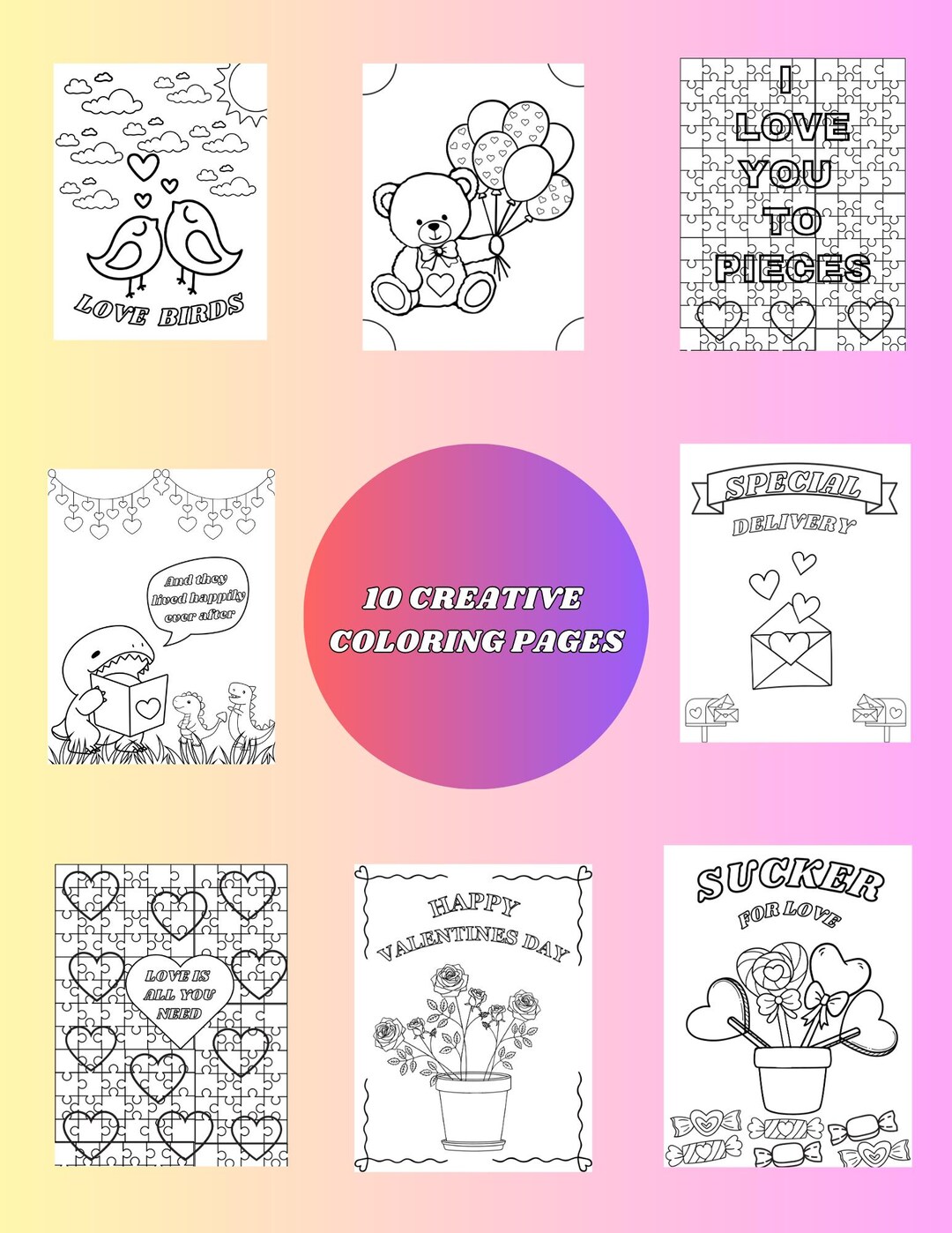 Valentine’s Day Heart Themed Coloring Pages- 10 Count | Instant ...