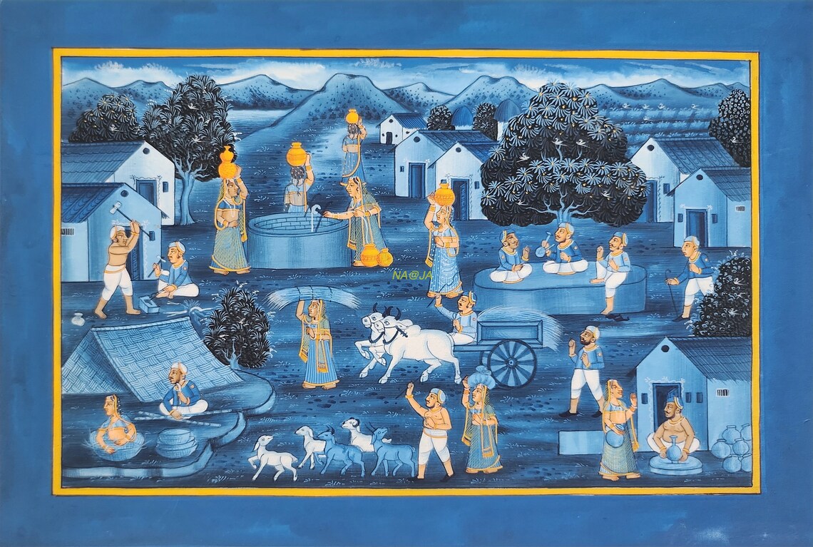 Hand Painting of Indian Rural Village Life, Countryside Scene-huts ...