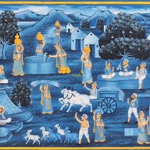 Hand Painting of Indian Rural Village Life, Countryside Scene-huts ...