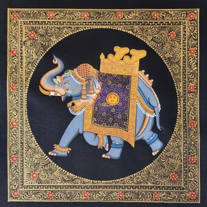 Hand Painted Indian Decorated Elephant in Golden and Black Backdrop ...