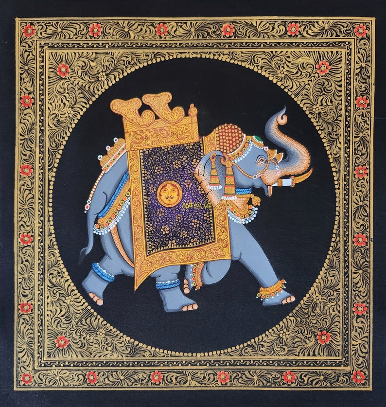 Hand Painted Indian Decorated Elephant in Golden and Black Backdrop ...