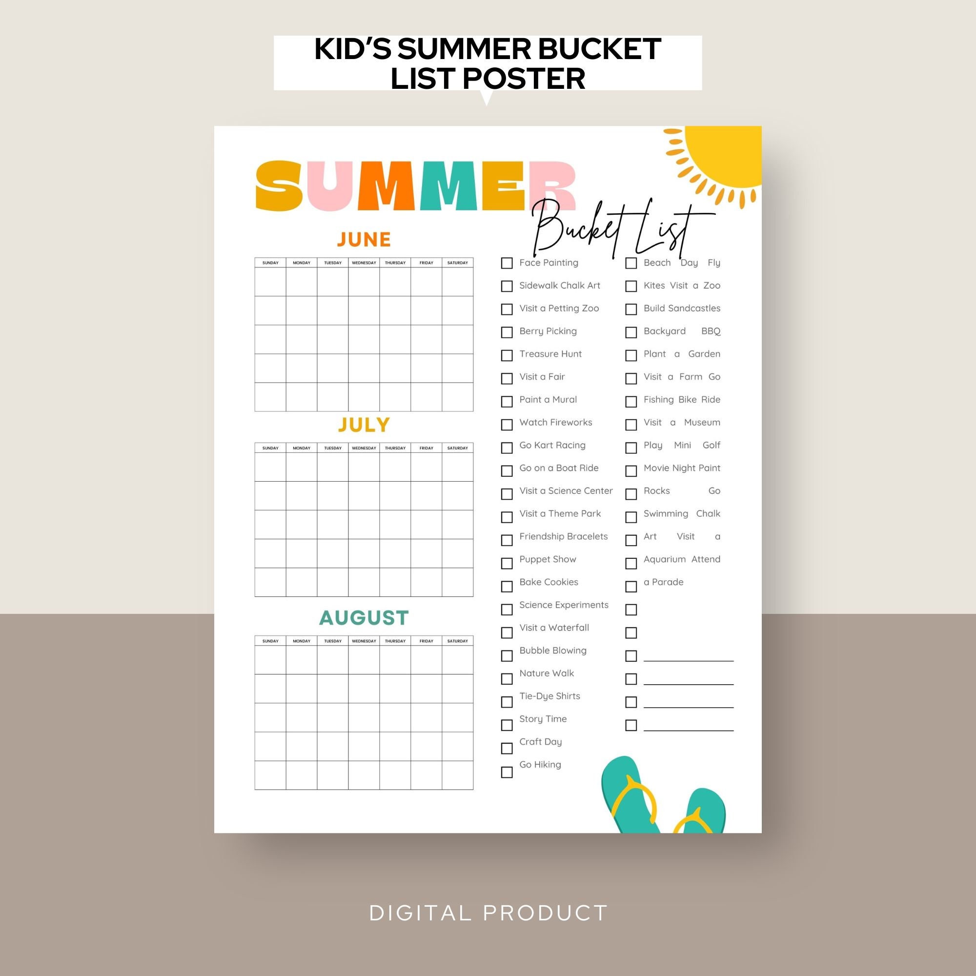 End of School Summer Fun Calendar Kids Activity Planner and Bucket List ...