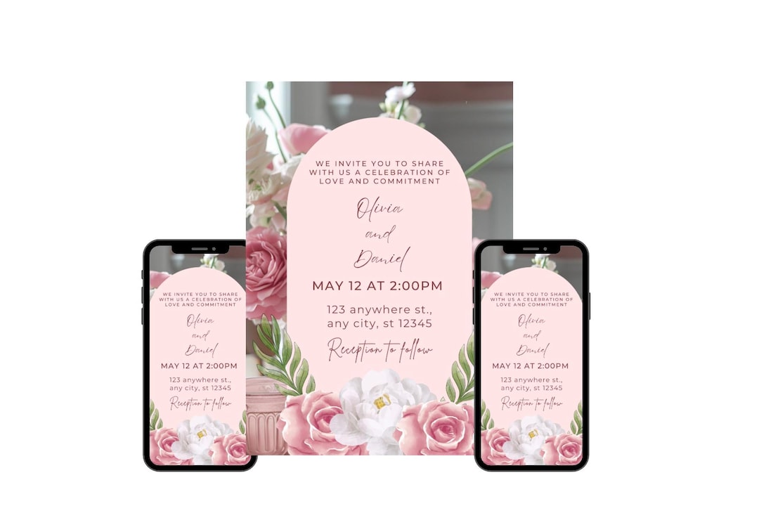 Pink Rose Wedding Invitation Template, Pink Flowers Wedding Inivte ...
