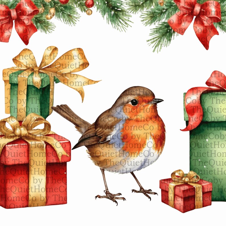 17 Christmas Robin Clipart PNG | Birds With Holiday Gifts and Pine ...