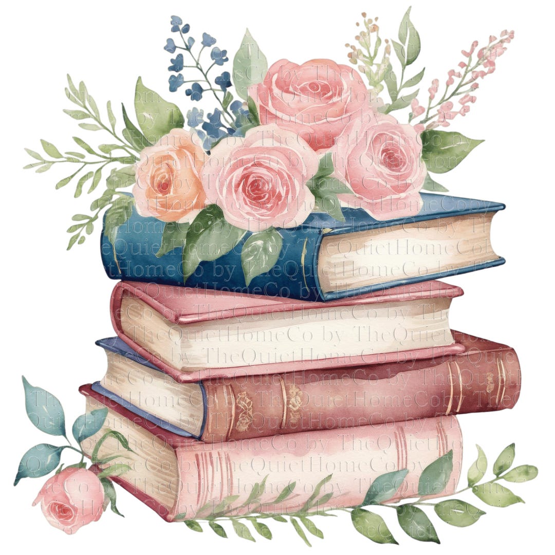 19 Floral Book Stack Clipart | Watercolor Roses PNG (digital Download ...