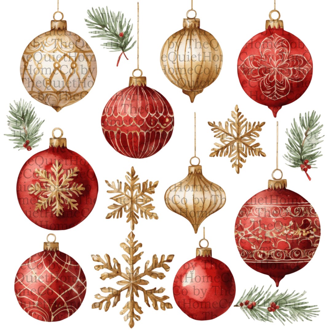 17 Watercolor Christmas Ornament Clipart | Red & Gold Baubles (PNG ...