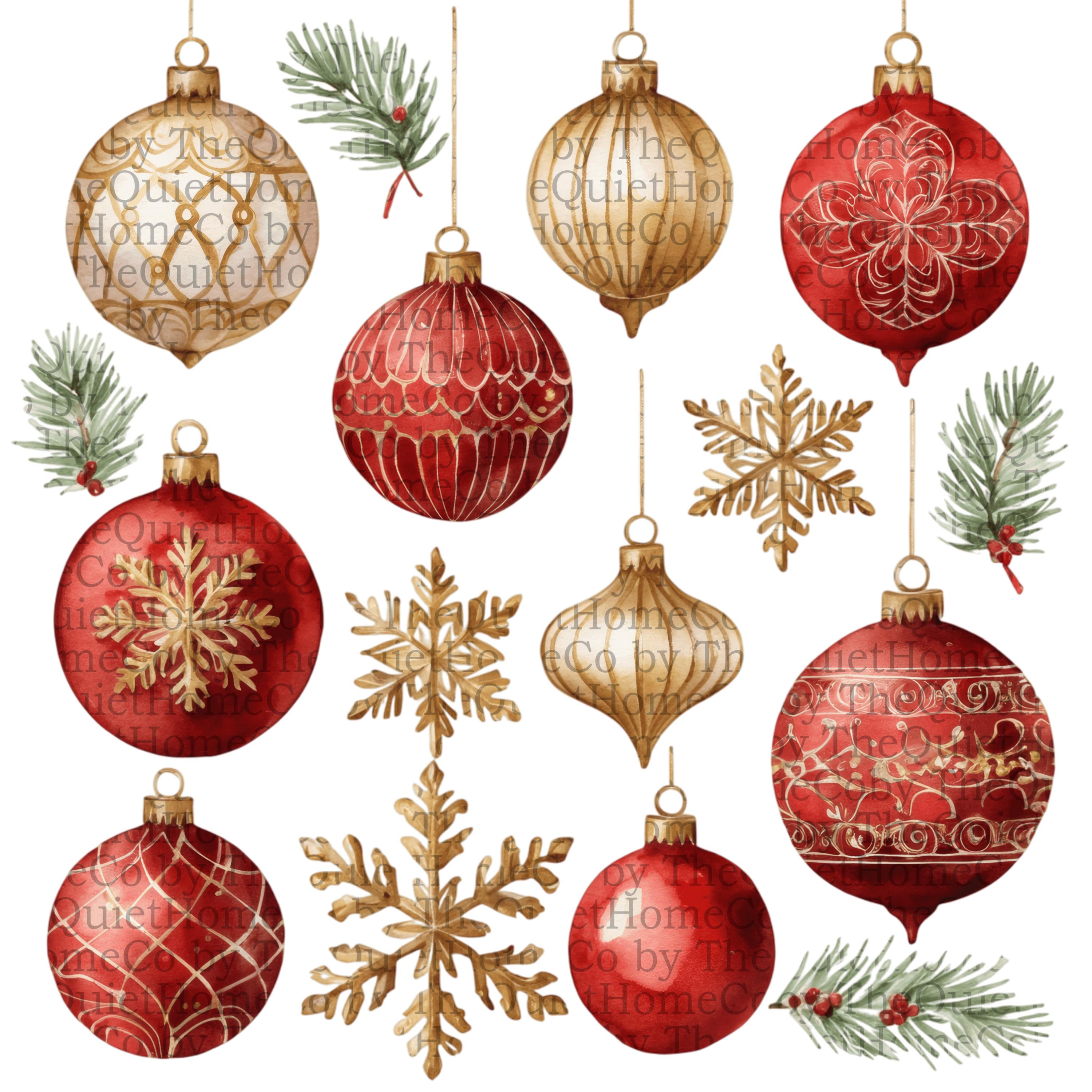 17 Watercolor Christmas Ornament Clipart | Red & Gold Baubles (PNG ...