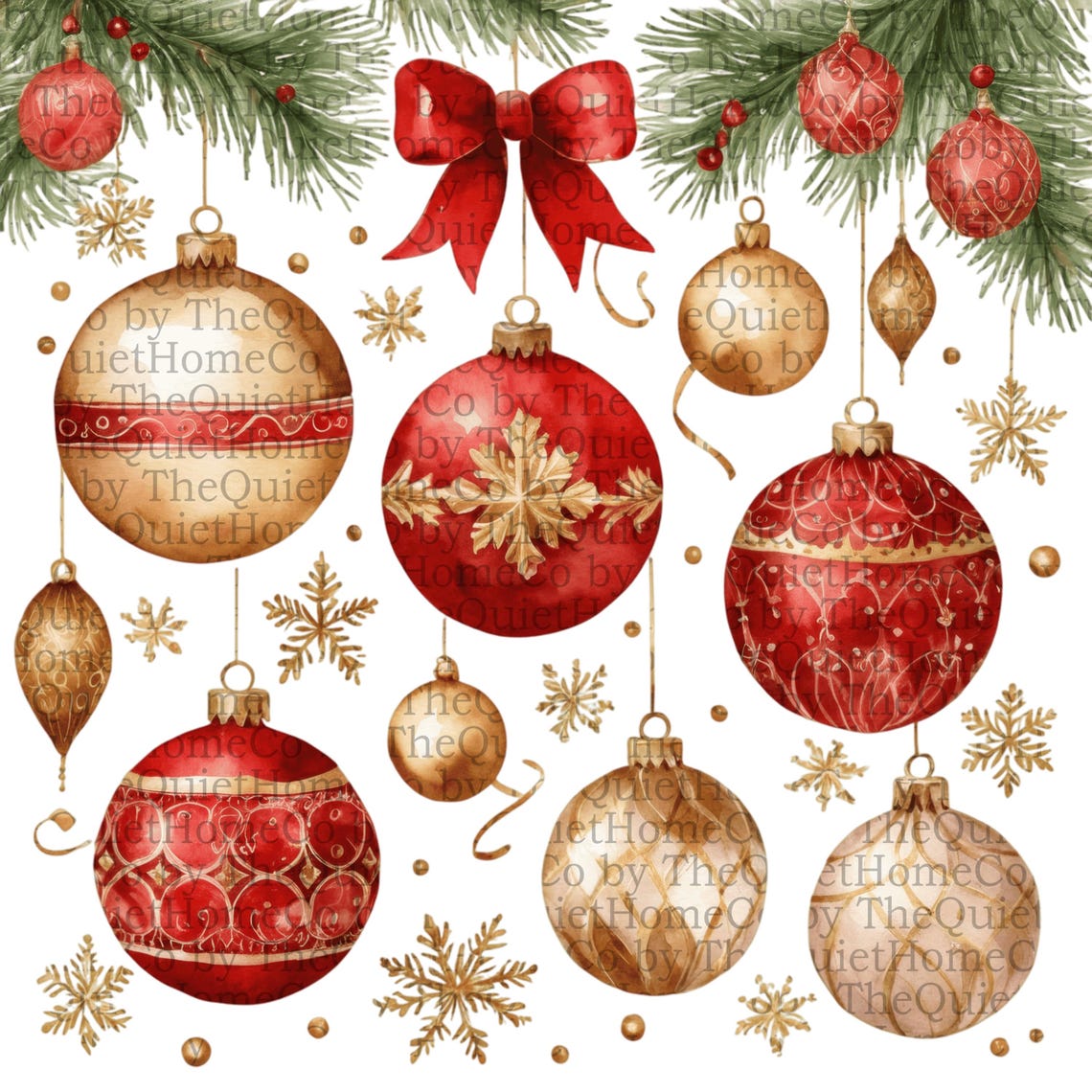 17 Watercolor Christmas Ornament Clipart | Red & Gold Baubles (PNG ...
