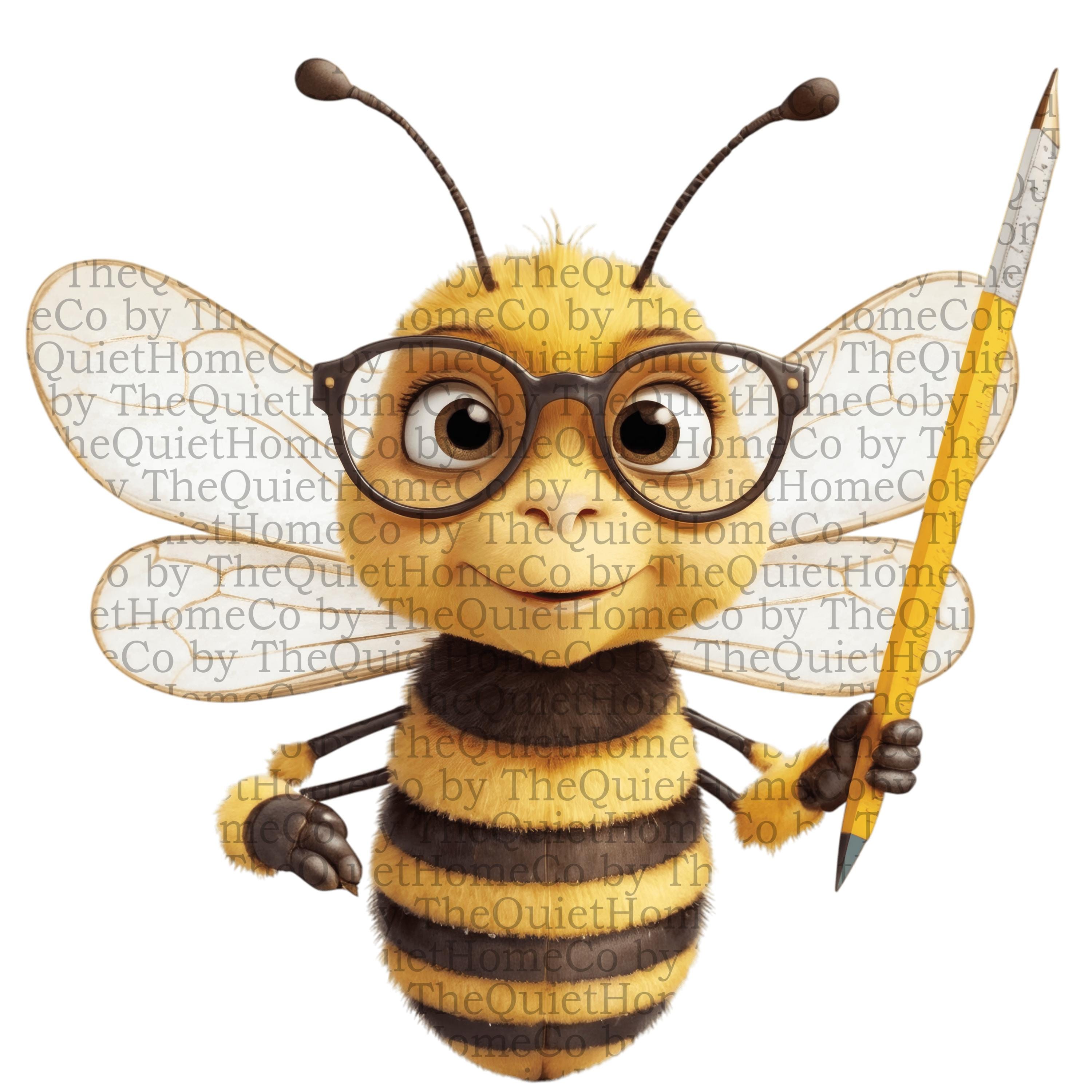 30 School Bee Clipart Set PNG | Cute Watercolor Bees With Pencils Books ...