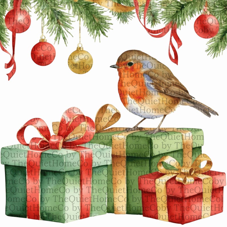 17 Christmas Robin Clipart PNG | Birds With Holiday Gifts and Pine ...