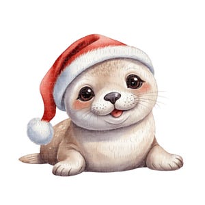 20 Christmas Seal Clipart Set | Watercolor Seals Wearing Santa Hats ...