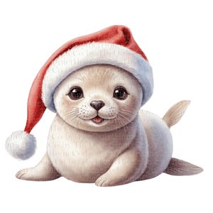 20 Christmas Seal Clipart Set | Watercolor Seals Wearing Santa Hats ...