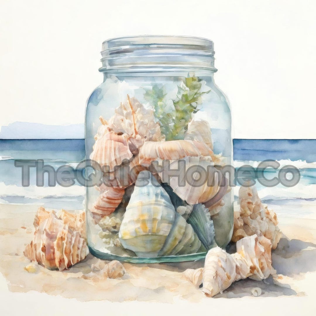 20 Seashell Jar Clipart JPG Set | Beach Coastal Watercolor Ocean Decor ...