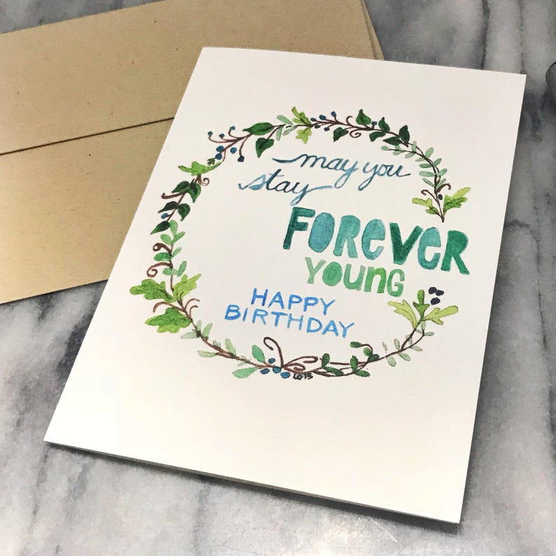 Forever Young Birthday Card / Watercolor / Single Folded Card / Blank ...