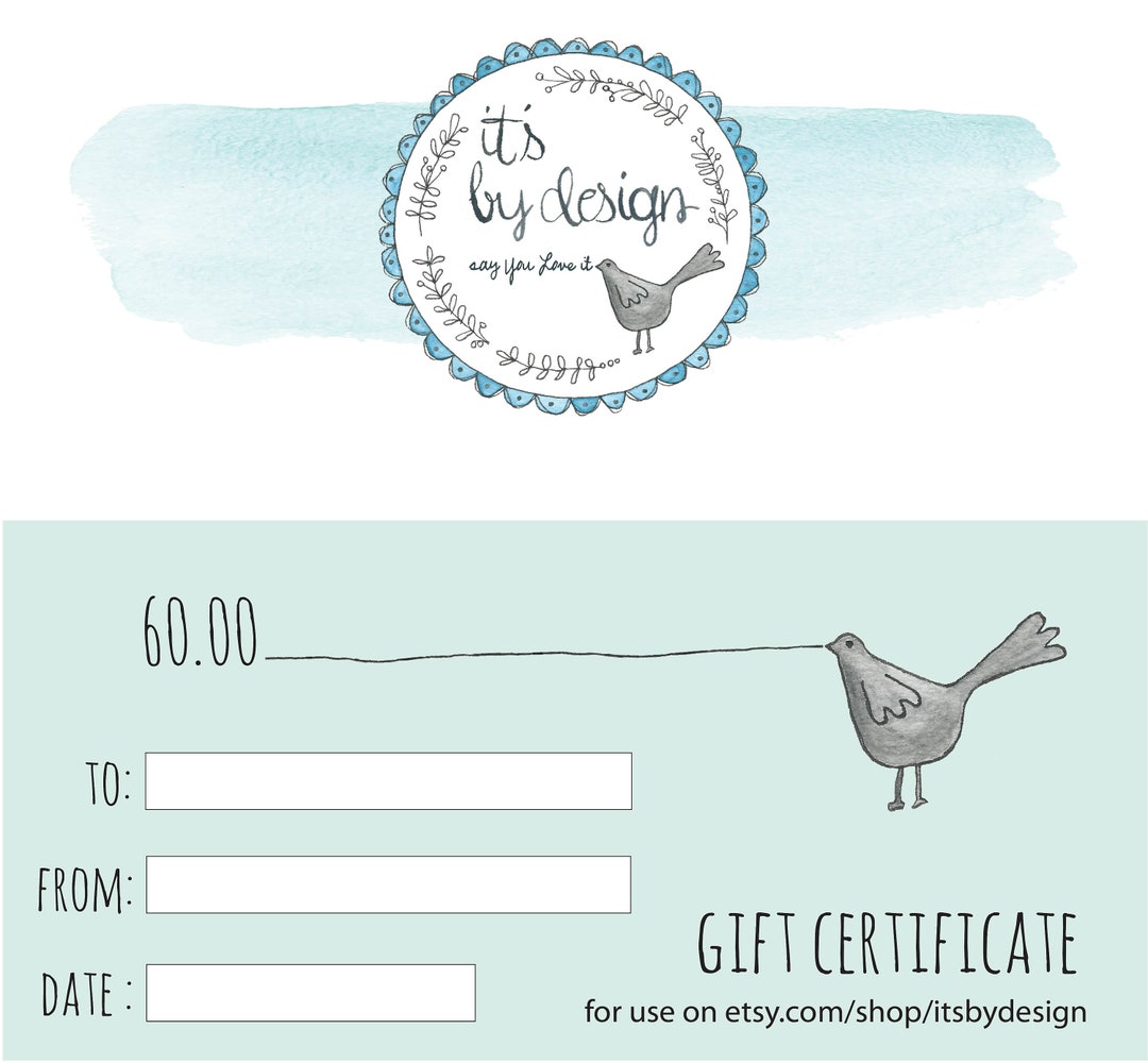 60 Dollar Gift Certificate, Gift Card for It's by Design Products - Etsy